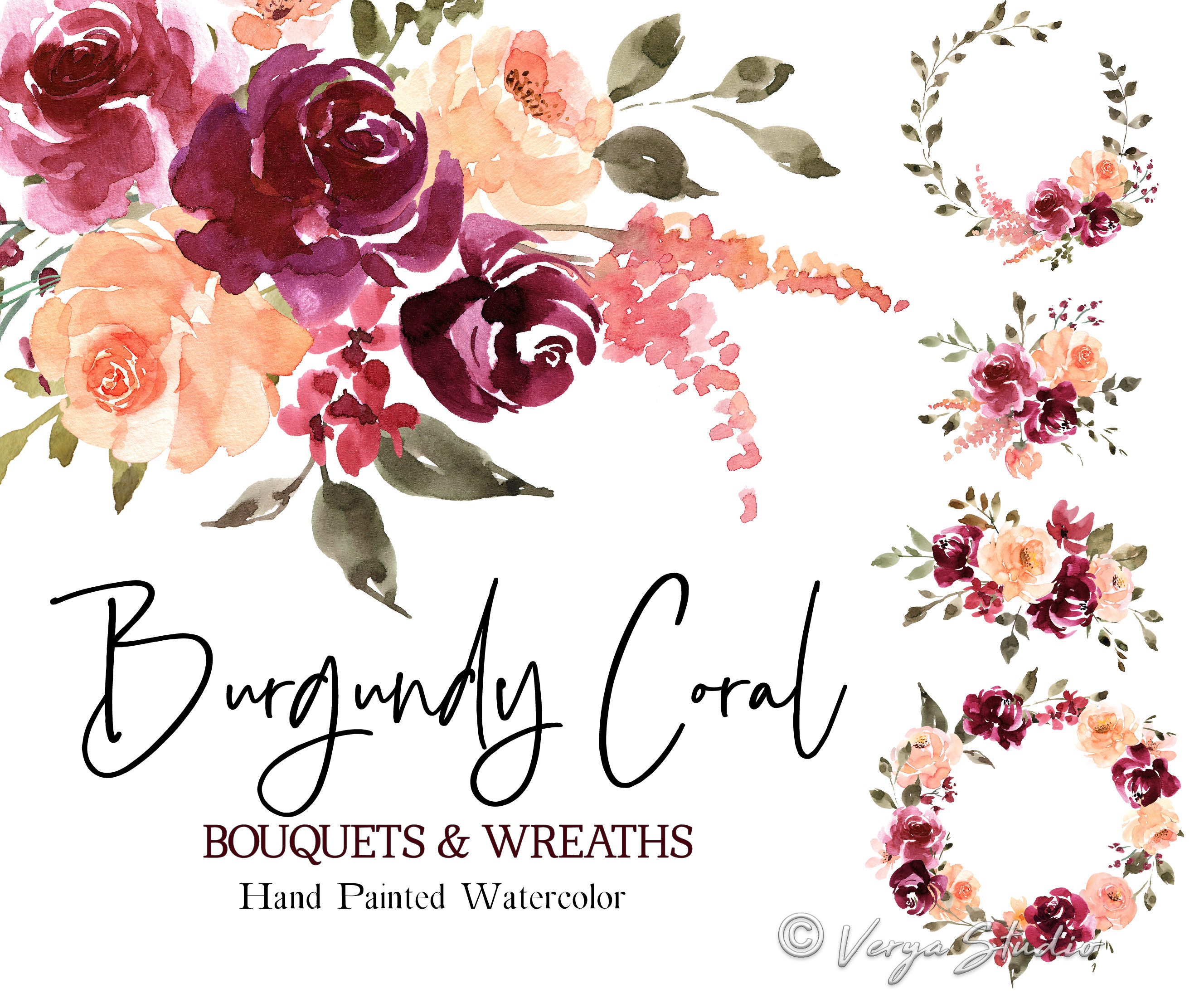 Coral Burgundy Watercolor Floral Clipart Bouquets Clip Art - Etsy