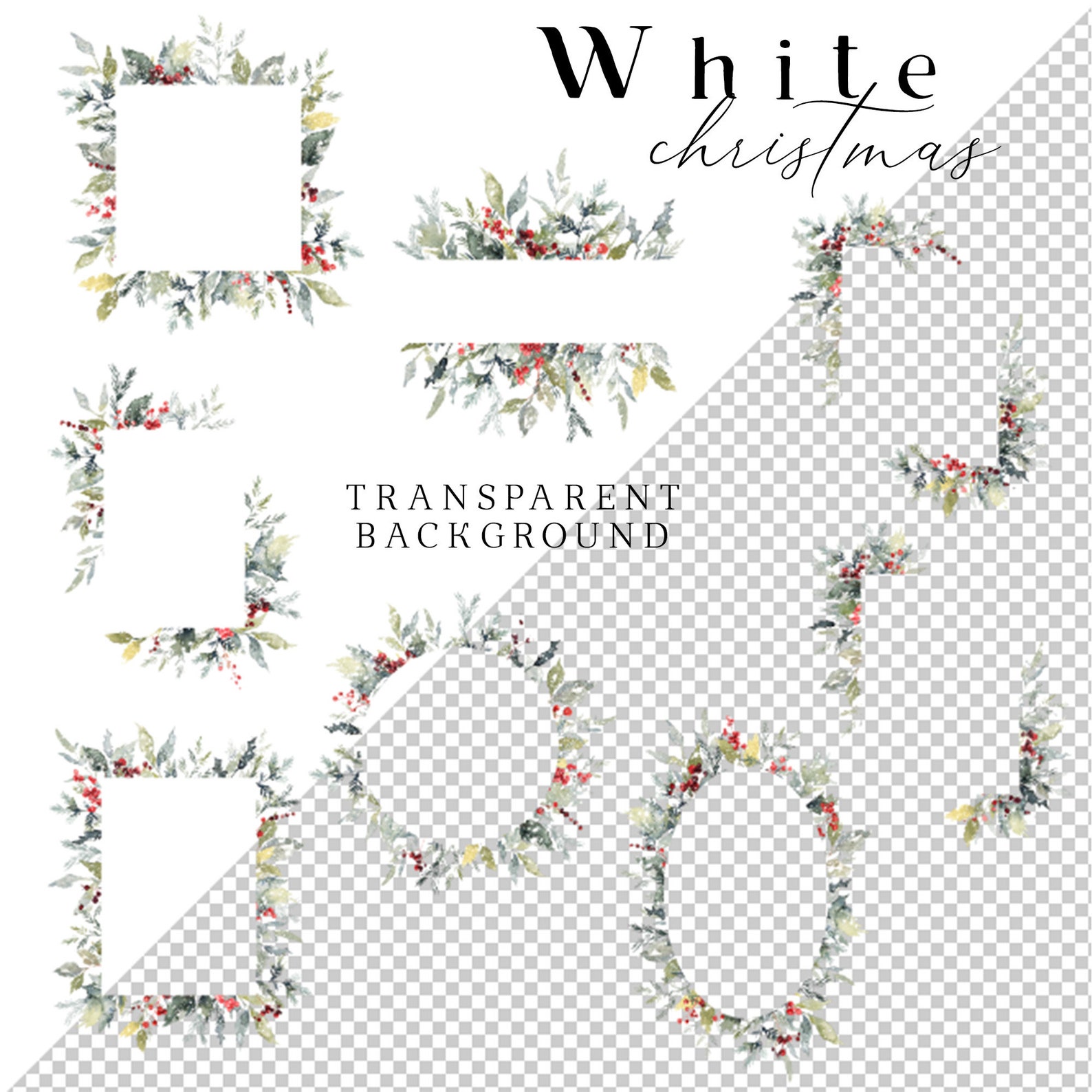 Snowy Winter Christmas Frames Clipart, Watercolor Greenery Berries ...