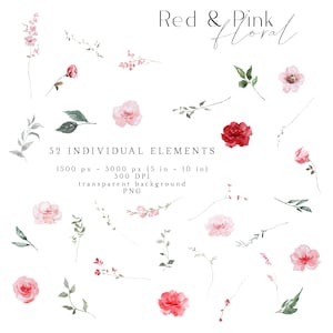 Red Pink Floral Clipart, Watercolor Spring Flowers Clip Art, Blush ...