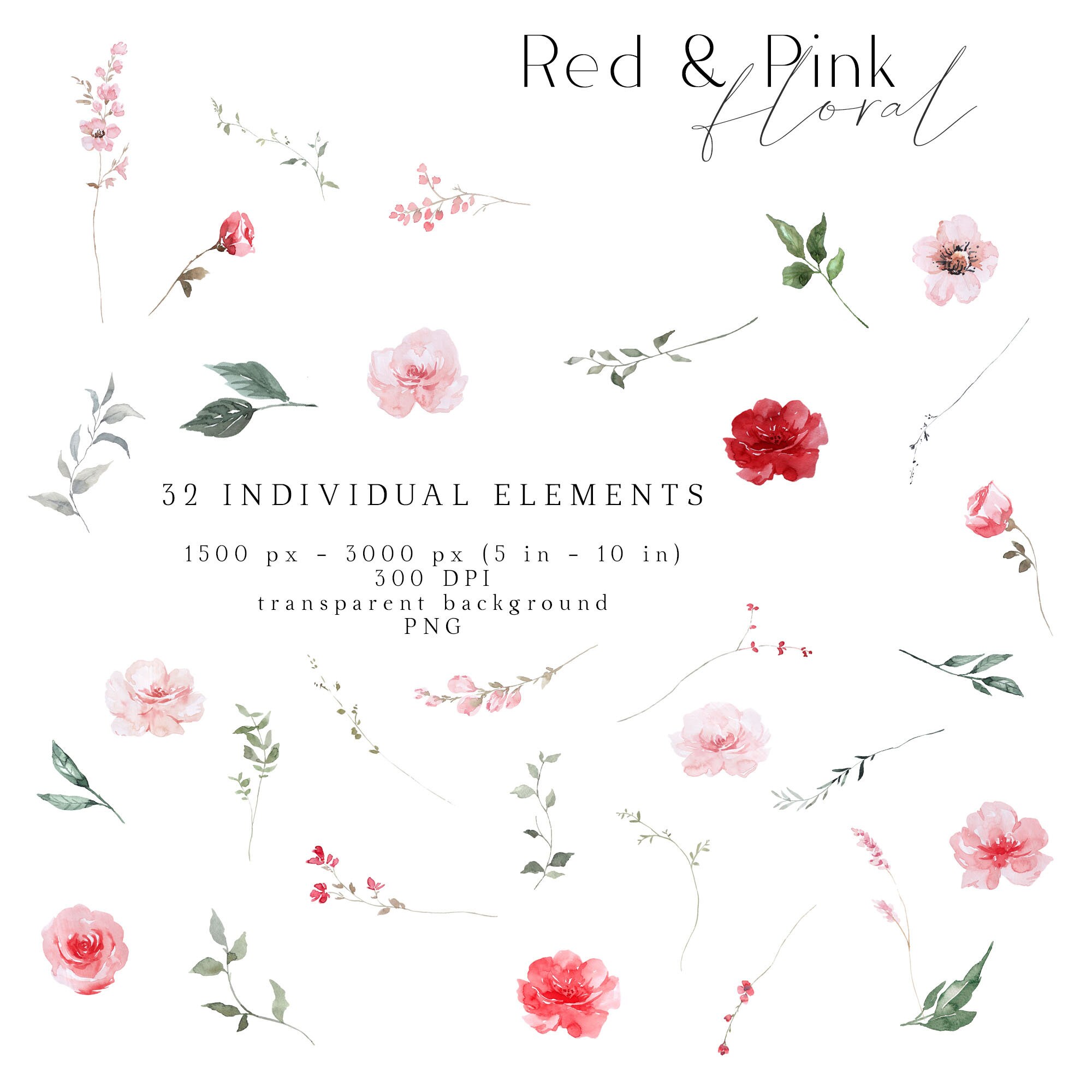 Red Pink Floral Clipart, Watercolor Spring Flowers Clip Art, Blush ...