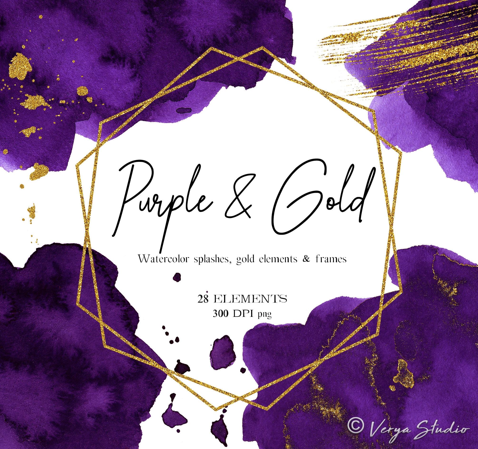 Purple Watercolor Splashes Clipart Geometric Golden Frames Gold Brush ...