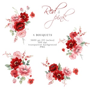 Crimson Floral Clipart Watercolor Red Blush Flowers Clip Art Wedding ...