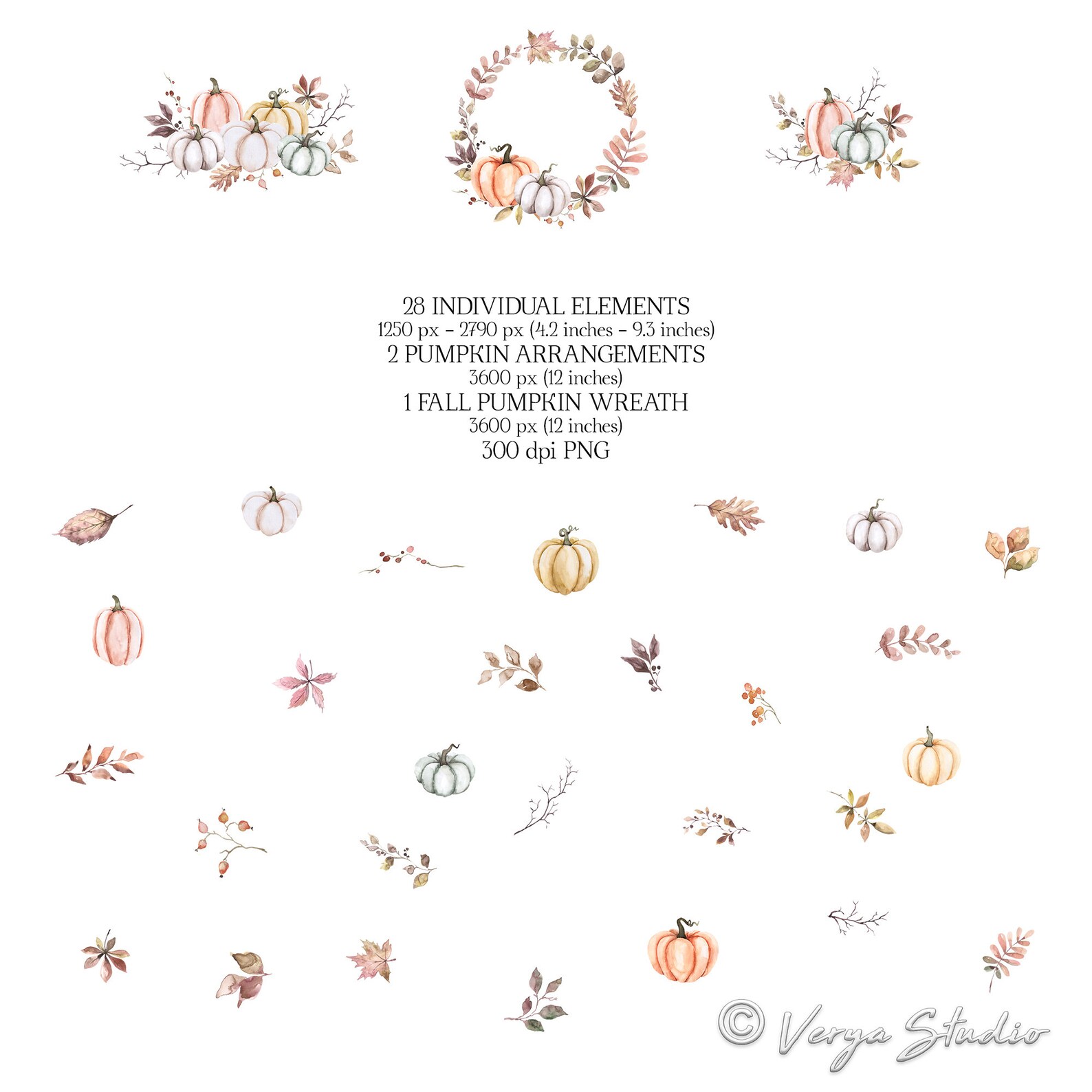 Fall Clipart Watercolor Autumn Clip Art Neutral Pumpkins Green - Etsy