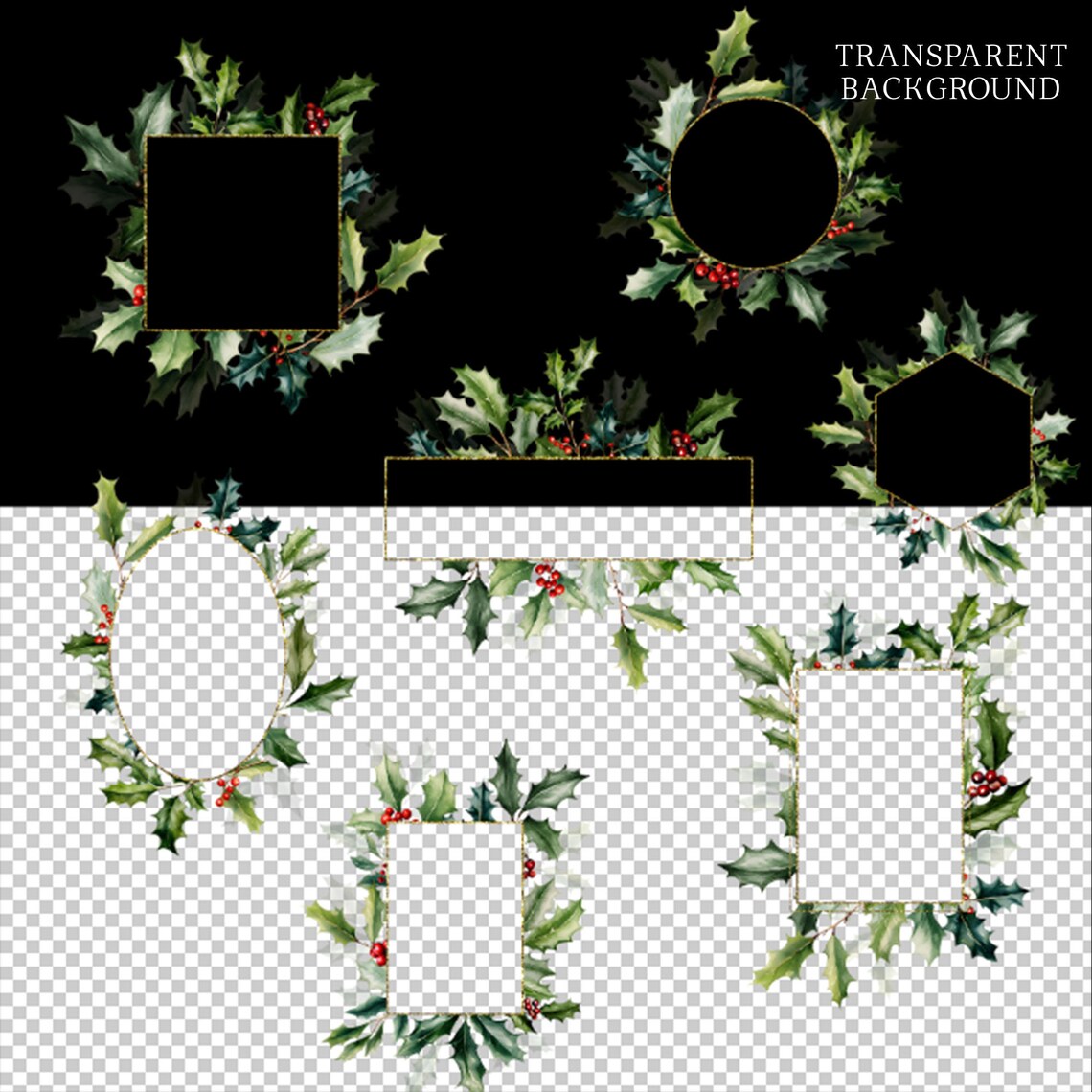 Christmas Holly & Gold Frames Clipart Watercolor Winter Greenery ...