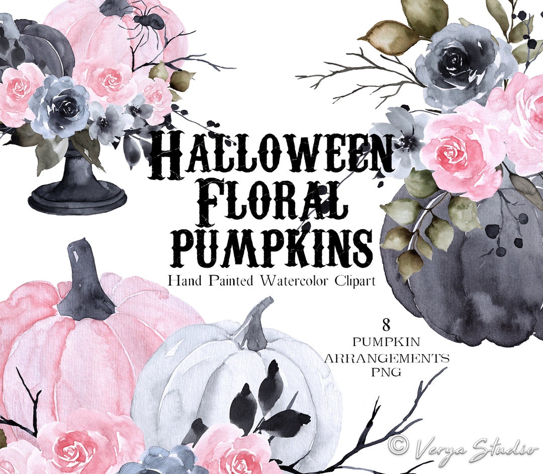 Halloween Pink Clipart Watercolor Halloween Pumpkin Floral Clip Art ...