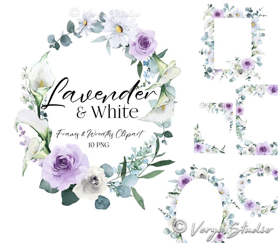 Lavender & White Watercolor Floral Clipart Frames Clip Art Wreaths ...