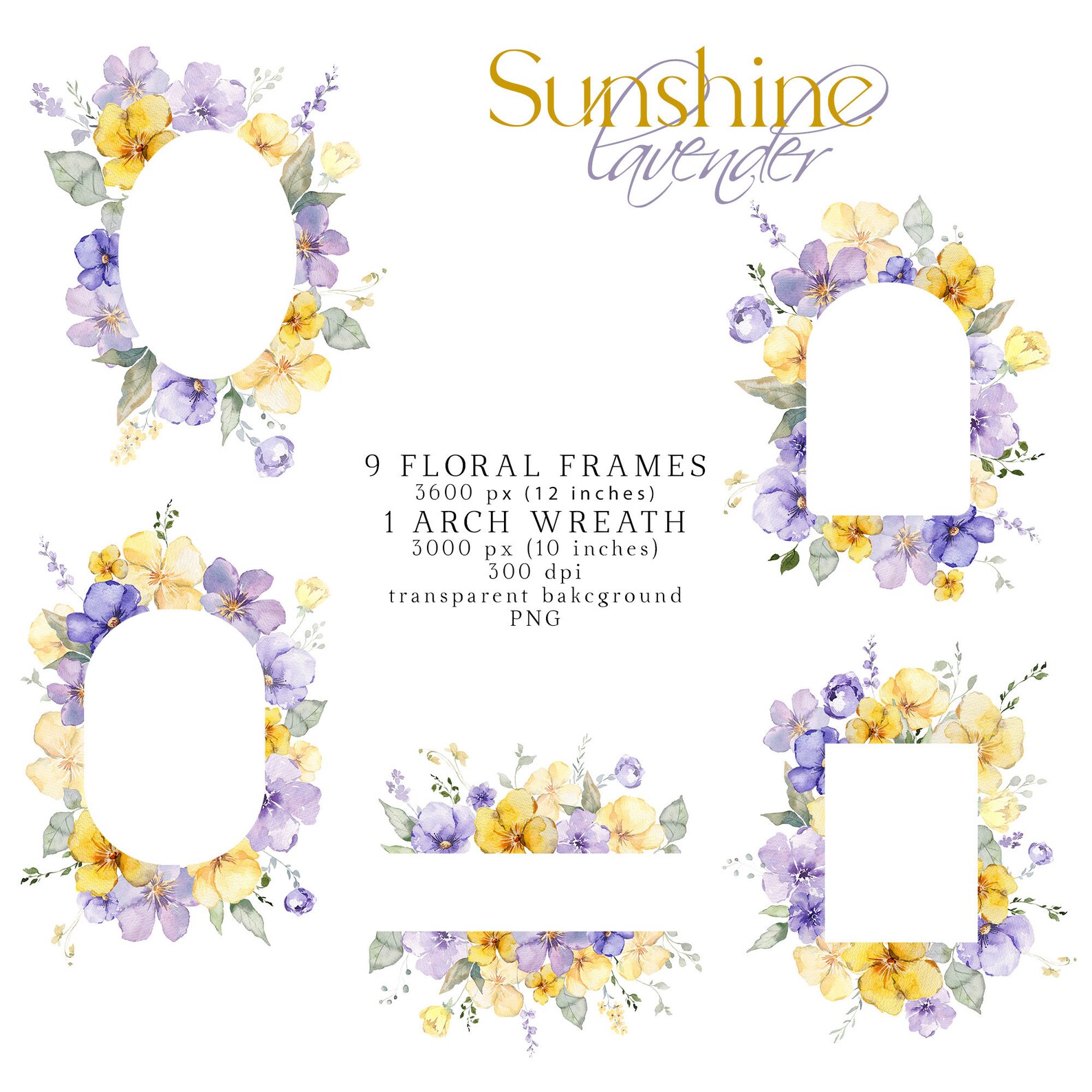 Sunshine Lavender Yellow Floral Clipart Watercolor Flowers Frames Clip ...