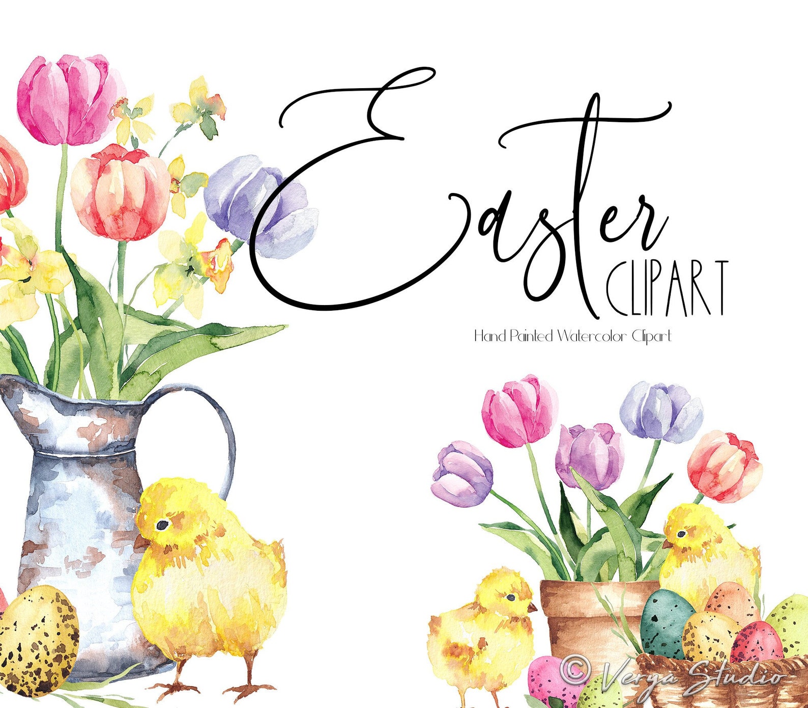 Watercolor Easter Clipart Spring Clip Art Yellow Chicks Illustrations ...
