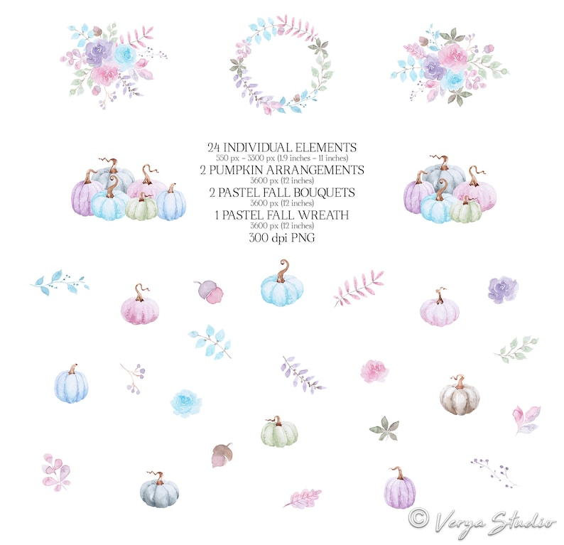 Pastel Fall Clipart Watercolor Autumn Clip Art Light Pink Blue - Etsy
