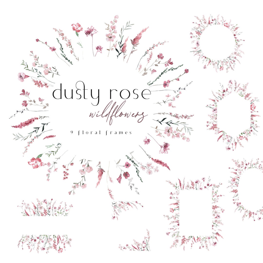 Dusty Pink Floral Frames Clipart Watercolor Wild Flowers Clip Art ...