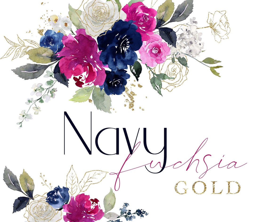 Fuchsia Navy Gold Watercolor Floral Clipart Pink Blue Flowers Clipart ...