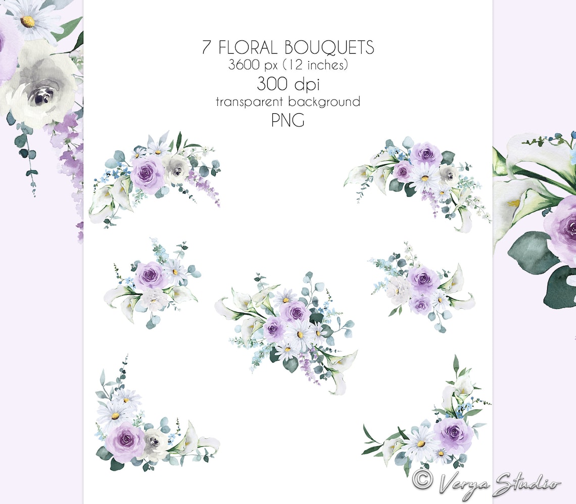 Lavender & White Watercolor Floral Clipart Purple Lilac White - Etsy
