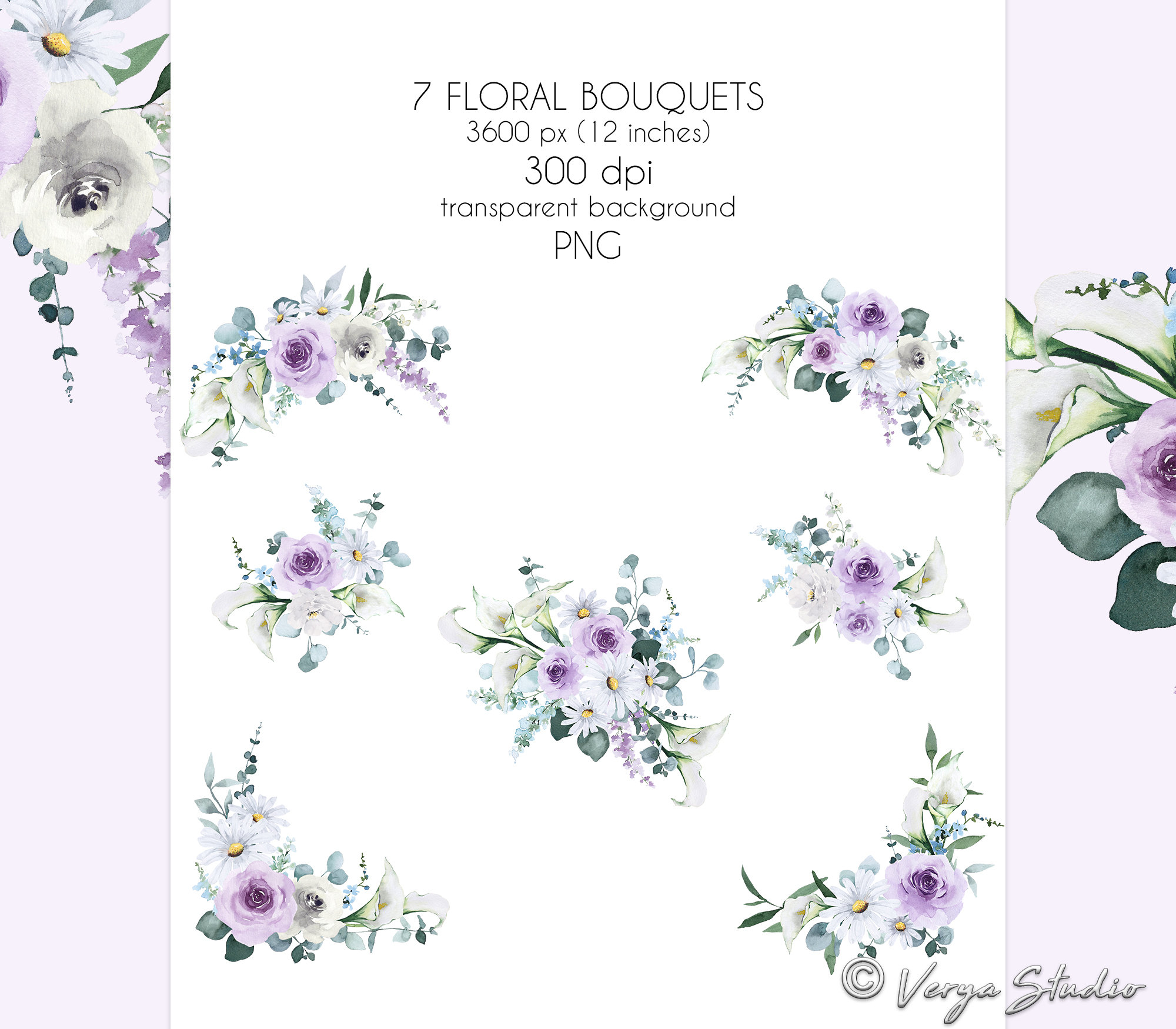 Lavender & White Watercolor Floral Clipart Purple Lilac White Dusty ...