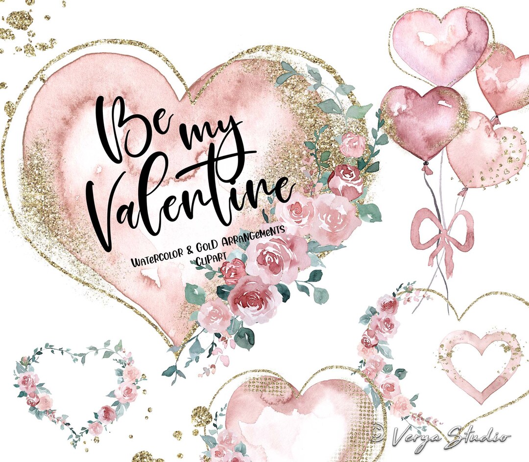 Valentine Clipart Watercolor Valentine's Day Clipart Heart Wreath Gold ...