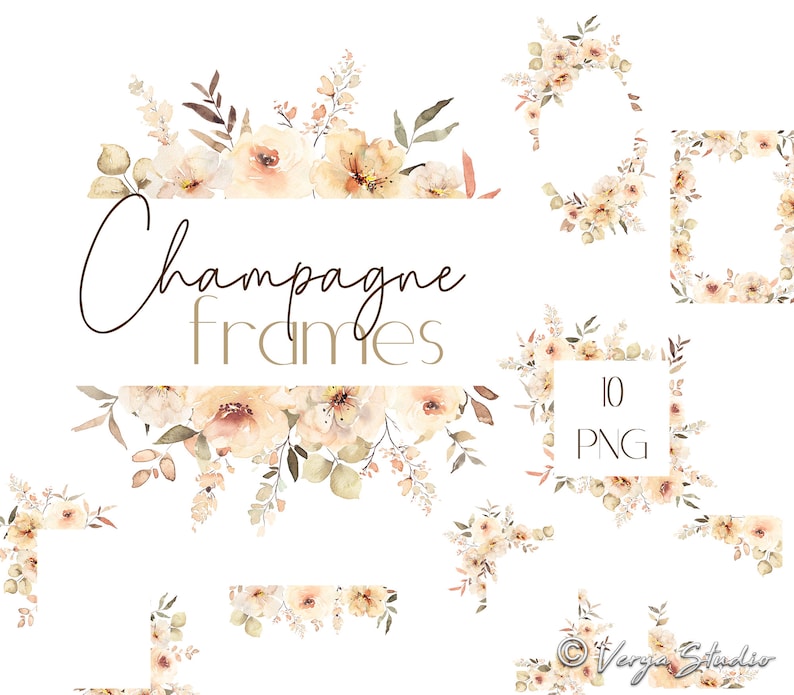 Marcos de flores color crema Clipart Acuarela Floral Clipart Champán ...