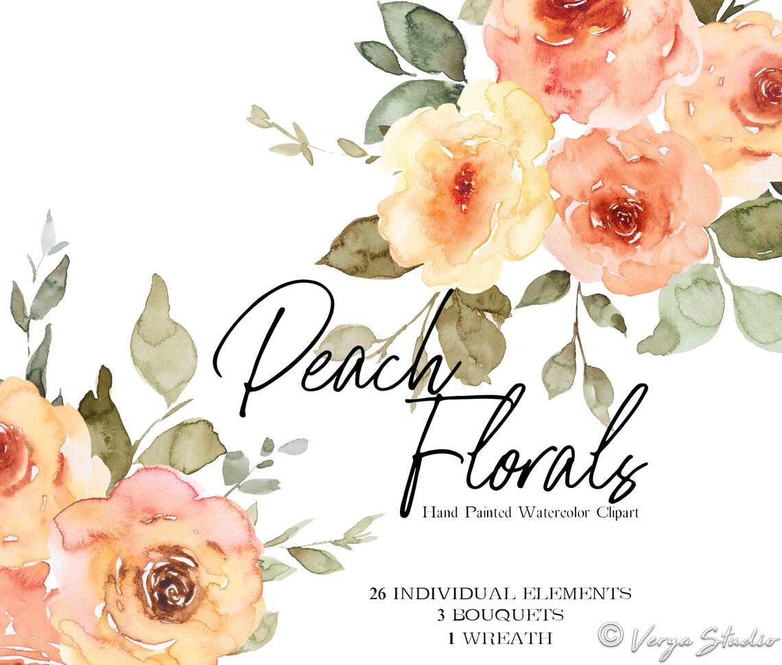 Peach Orange Watercolor Flowers Clipart Floral Clipart Coral | Etsy