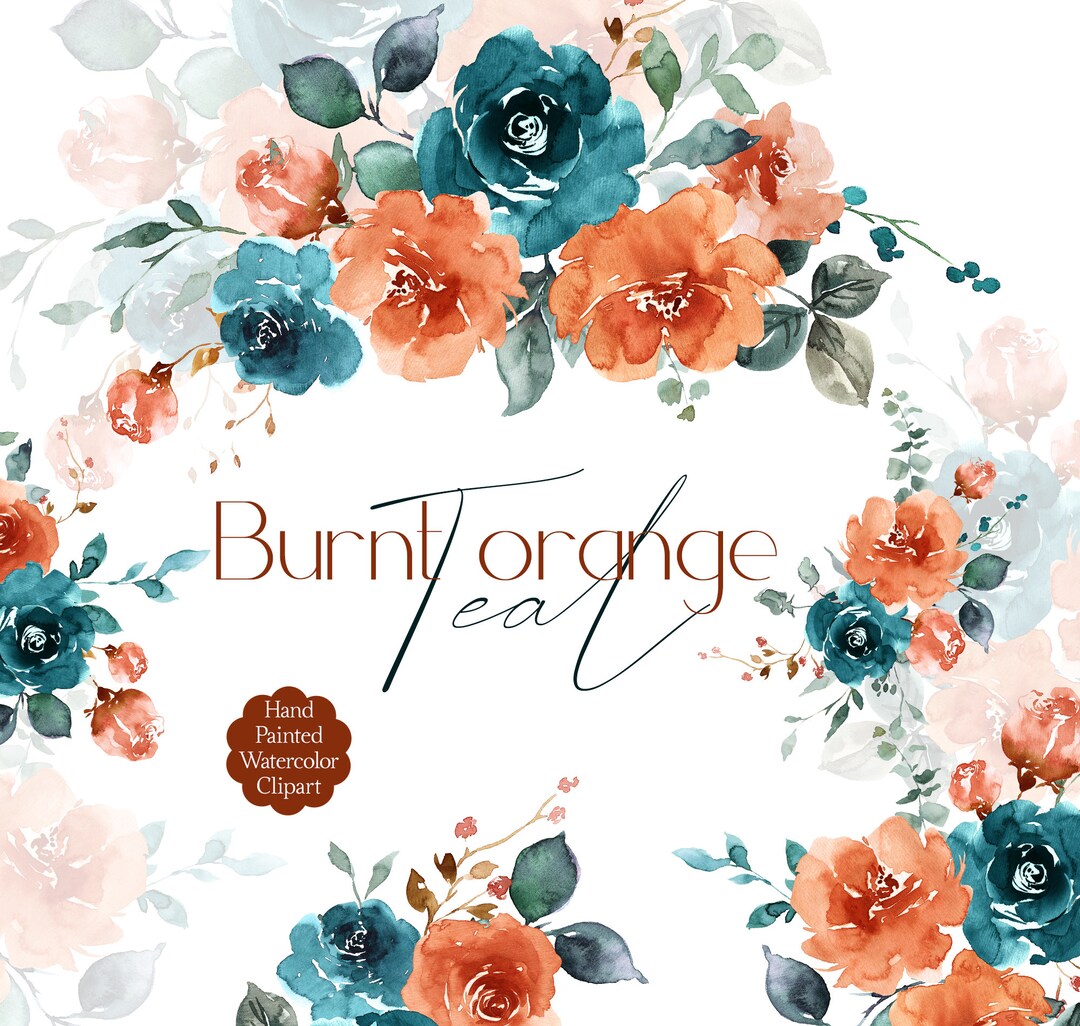 Teal Rust Orange Floral Clipart, Watercolor Fall Flowers Clip Art, Hand ...