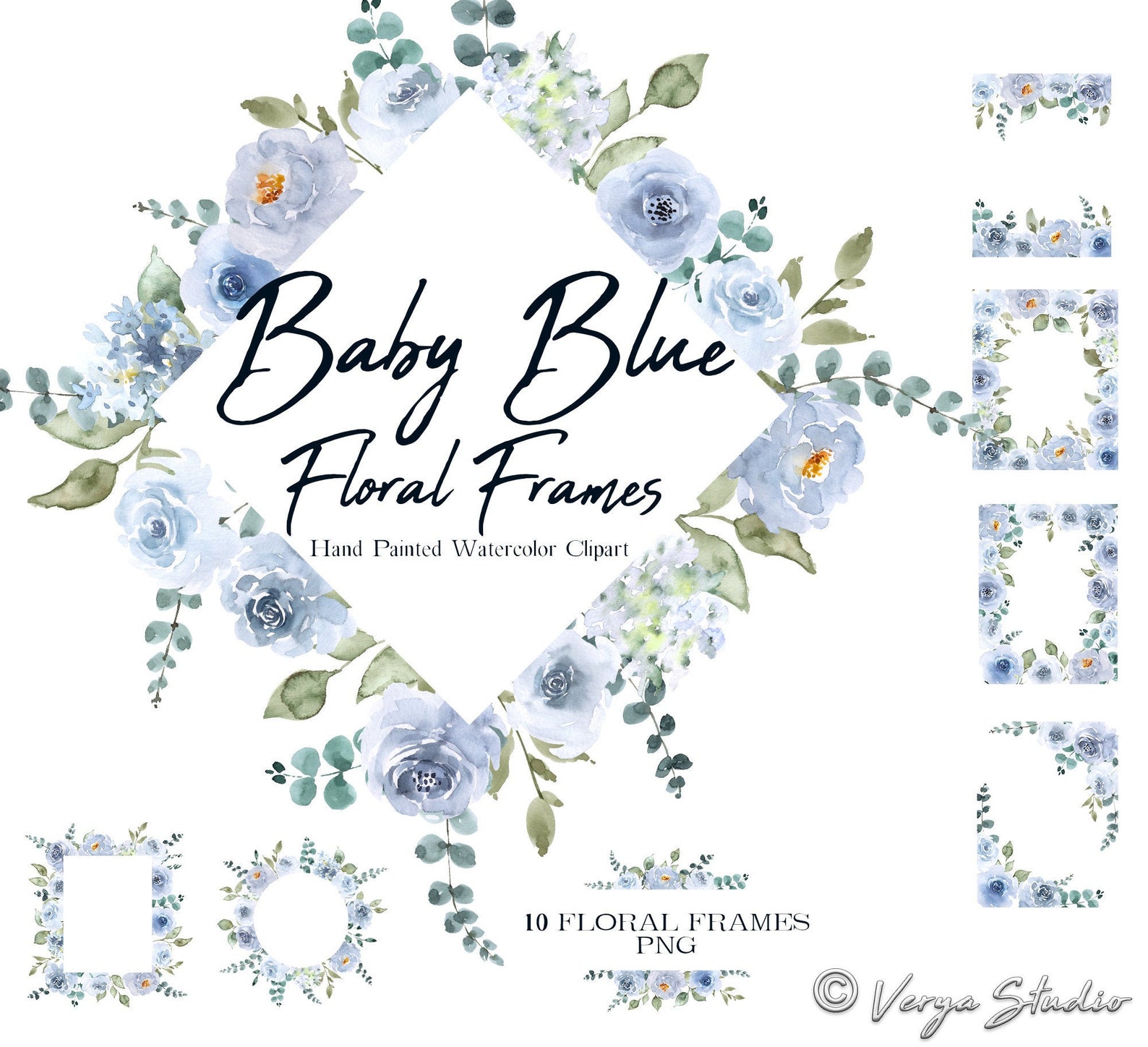 Baby Blue Watercolor Flowers Frames Clipart Light Soft Pastel - Etsy
