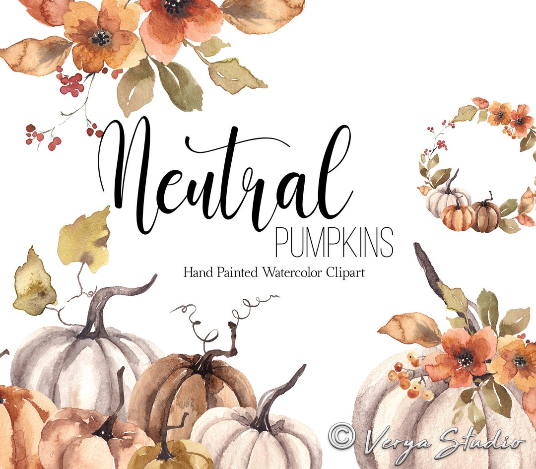 Watercolor Fall Clipart Autumn Clip Art Neutral Pumpkins Wreath Bouquet ...