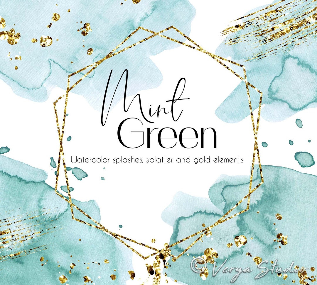 Mint Green Gold Watercolor Splashes Clipart Washes Splatter Geometric ...