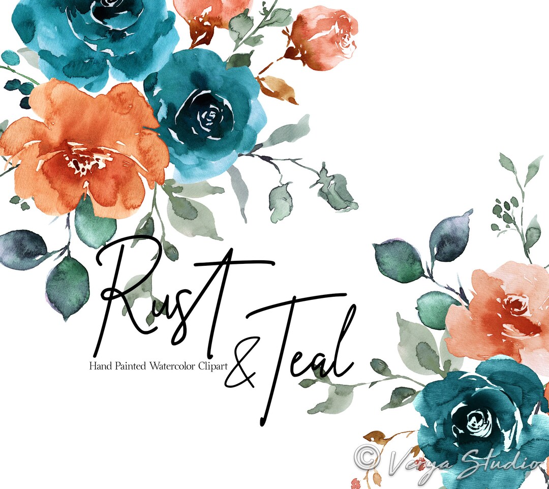 Teal Rust Orange Watercolor Flowers Clipart Floral Clip Art Leaves ...