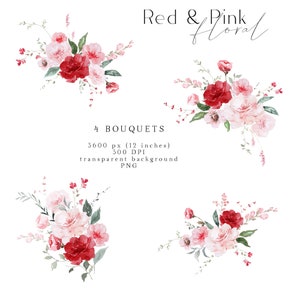 Red Pink Floral Clipart, Watercolor Spring Flowers Clip Art, Blush ...