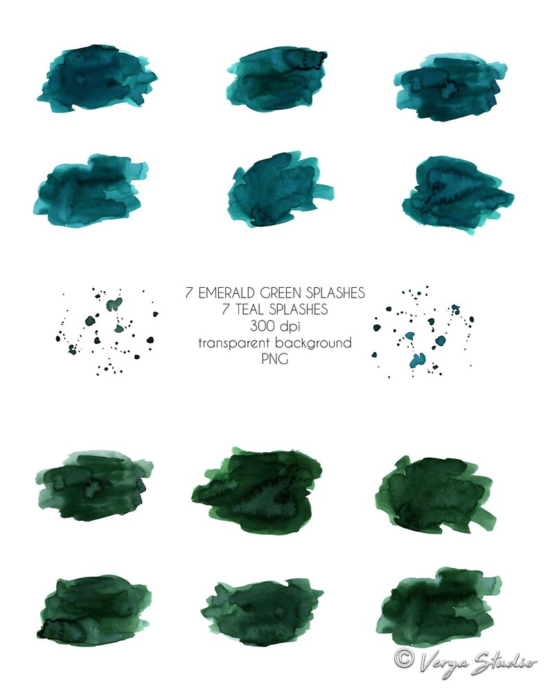 Teal Emerald Watercolor Splashes Clipart Gold Frames Golden | Etsy