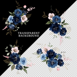 Blush Navy Floral Clipart Watercolor Blue Pink Flowers Gold Line Art ...