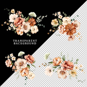 Rust Floral Clipart Watercolor Fall Flowers Clip Art Burnt Orange Beige ...