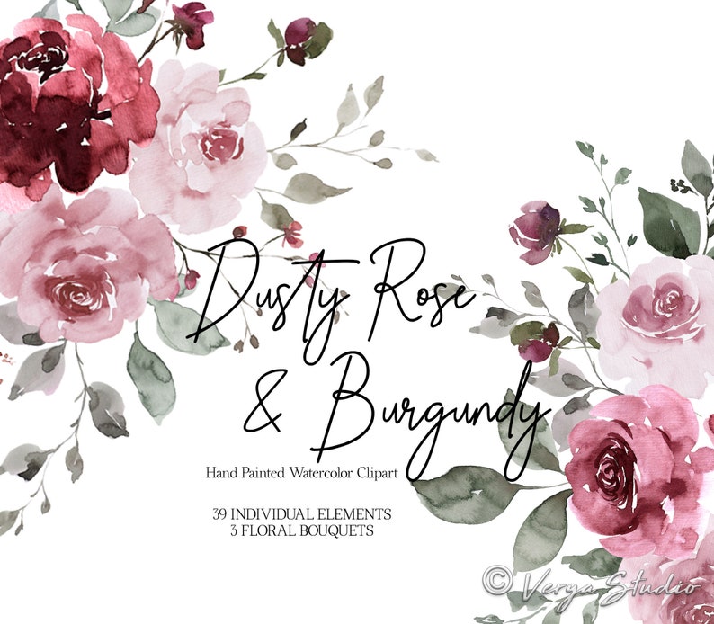 Dusty Rose Burgundy Watercolor Floral Clipart Blush Pink Dark | Etsy Dusty Rose Burgundy Watercolor Floral Clipart Blush Pink Dark | Etsy