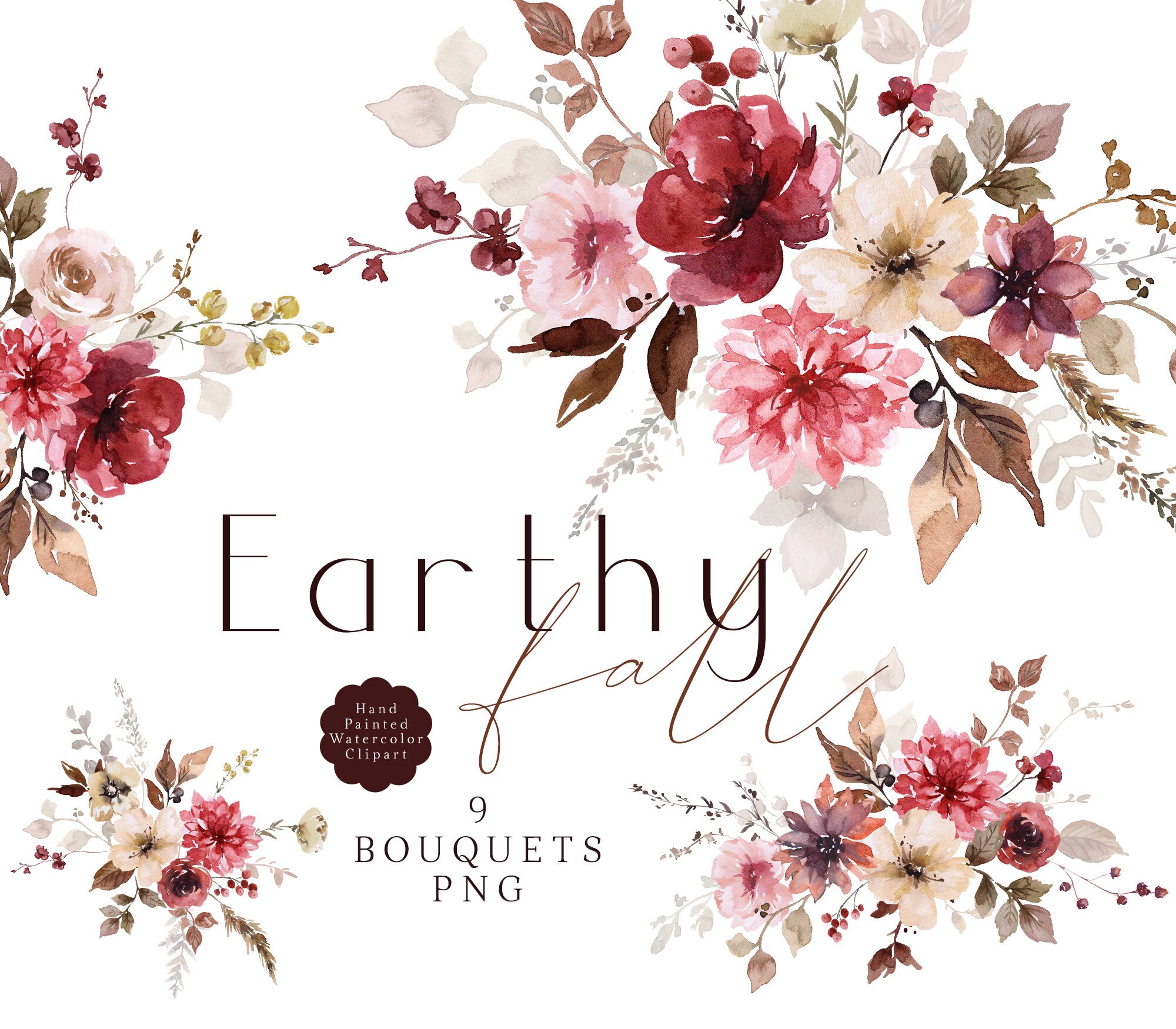 Burgundy Marsala Fall Floral Clipart - Watercolor Flowers, Autumn ...