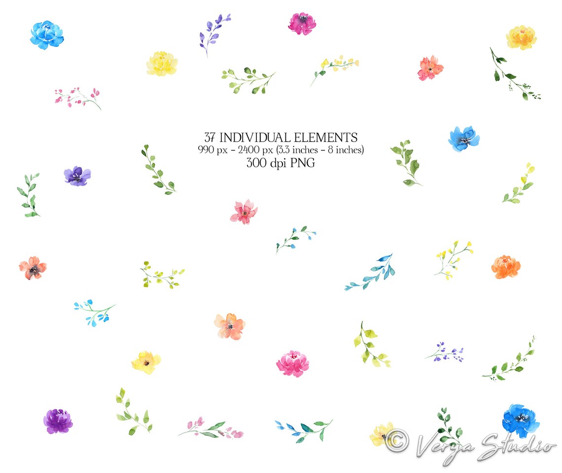 Colorful Watercolor Flowers Clipart Floral Clip Art Bright - Etsy