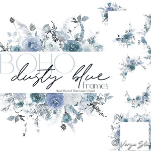 Dusty Blue Floral Clipart Boho Frames Watercolor Light Blue Flowers Clip Art Orchids Pampas ...