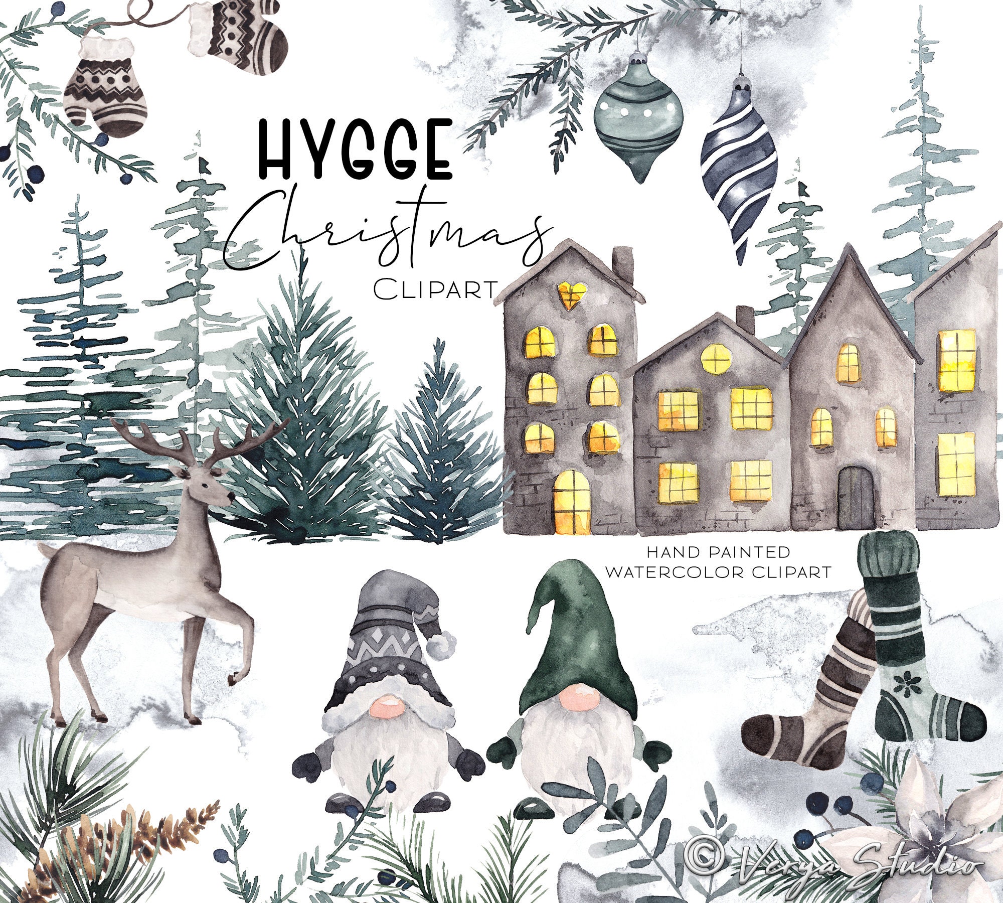 Scandinavian Christmas Clipart Watercolor Winter Clip Art | Etsy