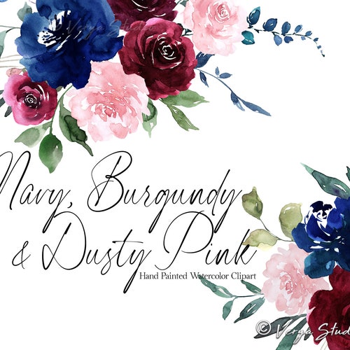 Burgundy Navy Blush Watercolor Floral Clipart Flowers Clip Art - Etsy
