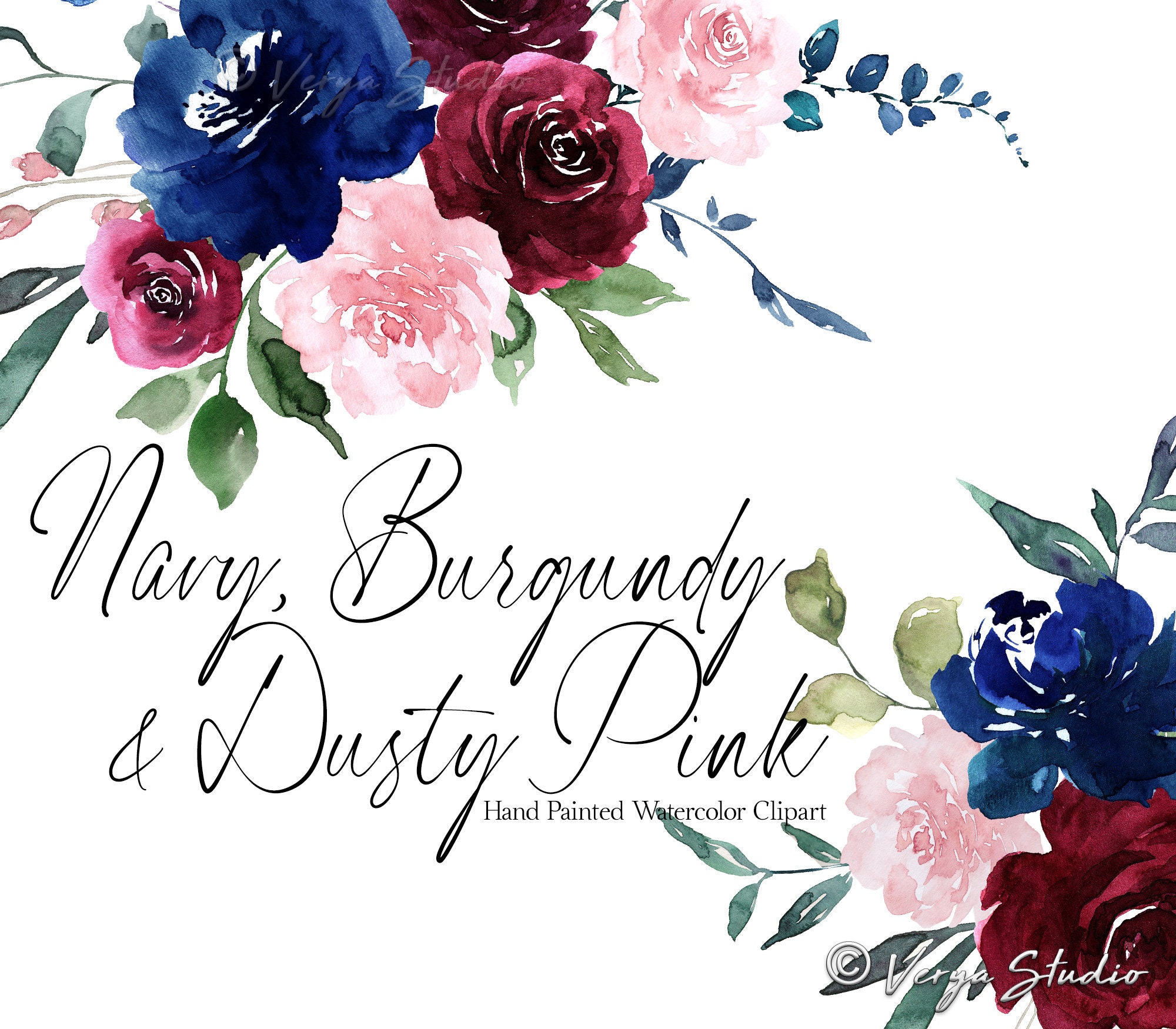 Burgundy Navy Blush Watercolor Floral Clipart Flowers Clip Art - Etsy