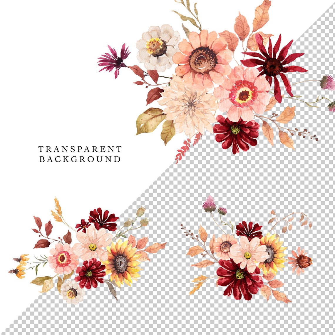 Burgundy Cream Watercolor Floral Clipart, Autumn Flowers Frames Clip ...