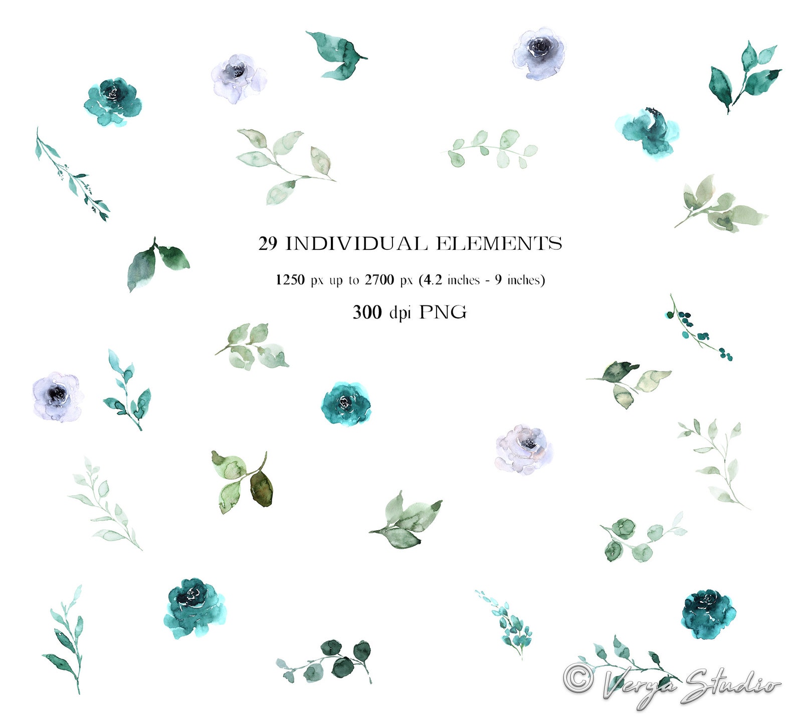 Watercolor Flowers Clipart Teal Floral Clipart Wedding Clipart - Etsy ...