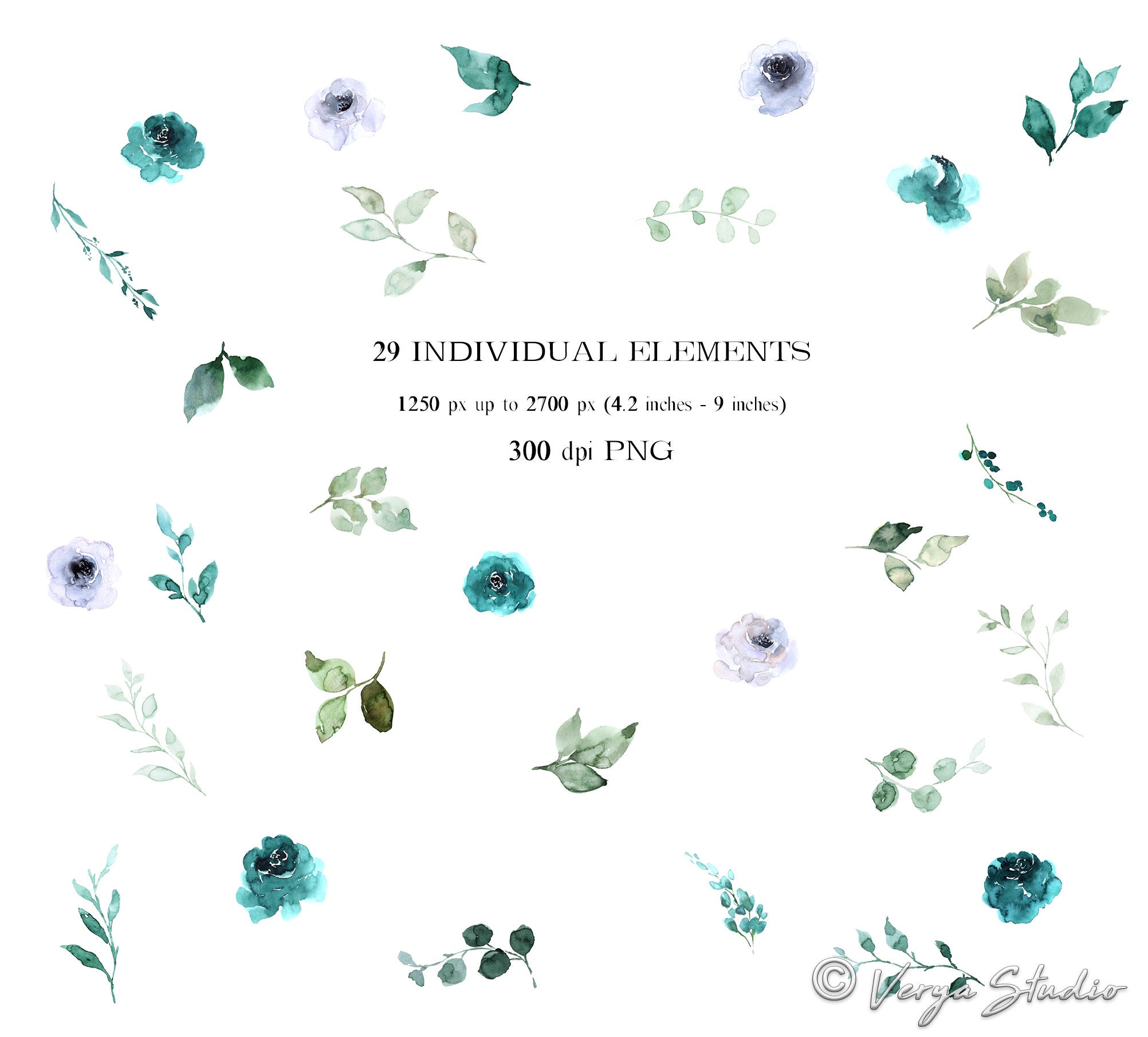 Watercolor Flowers Clipart Teal Floral Clipart Wedding Clipart White ...