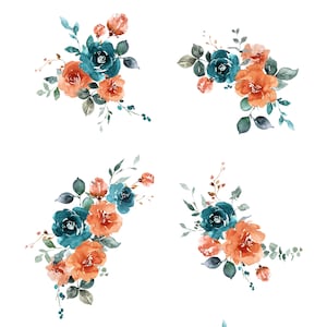 Teal Rust Orange Floral Clipart, Watercolor Fall Flowers Clip Art, Hand ...