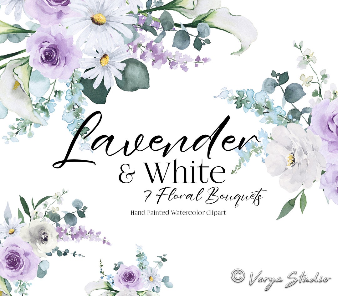 Lavender & White Watercolor Floral Clipart Purple Lilac White Dusty ...