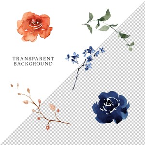 Navy Burnt Orange Teal Flowers Clipart Watercolor Floral Clip Art Blue ...