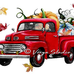 Pumpkin Harvest Truck Watercolor Clipart Pumpkins, Red Harvest Truck ...