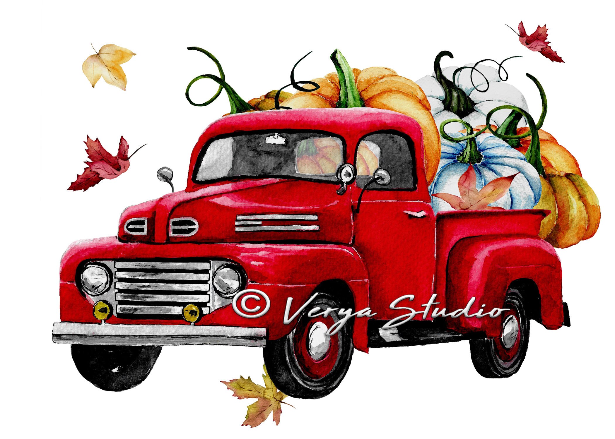 Watercolor Fall Truck Clipart Vintage Red Green Yellow Truck with ...