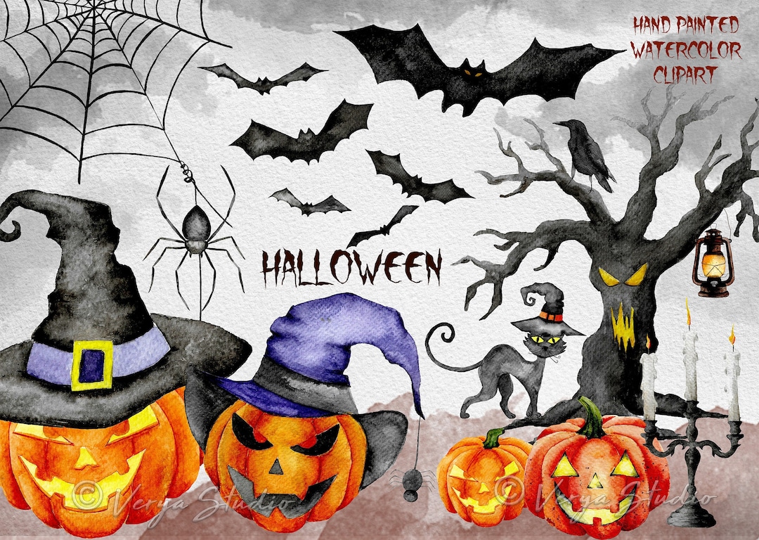 Halloween Clipart Set, Watercolor Halloween Pumpkins Clip Art ...