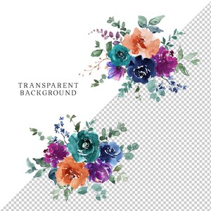 Navy Burnt Orange Teal Flowers Clipart Watercolor Floral Clip Art Blue ...