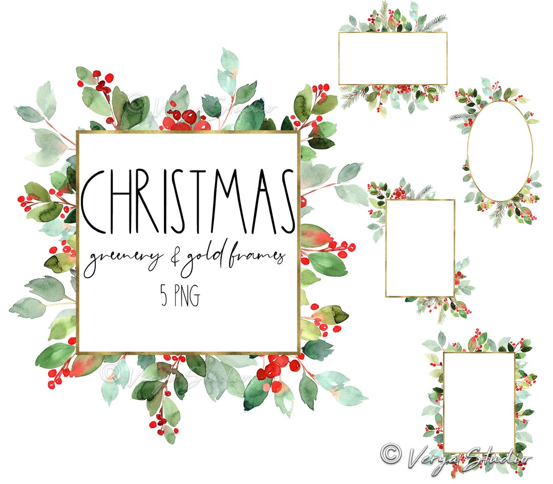 Christmas Frames Clipart Winter Berries Greenery Gold Clip Art Holly ...