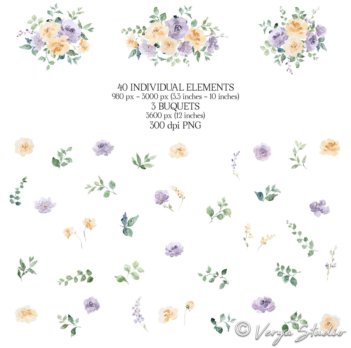 Purple Yellow Watercolor Flowers Clipart Floral Clip Art Lilac - Etsy