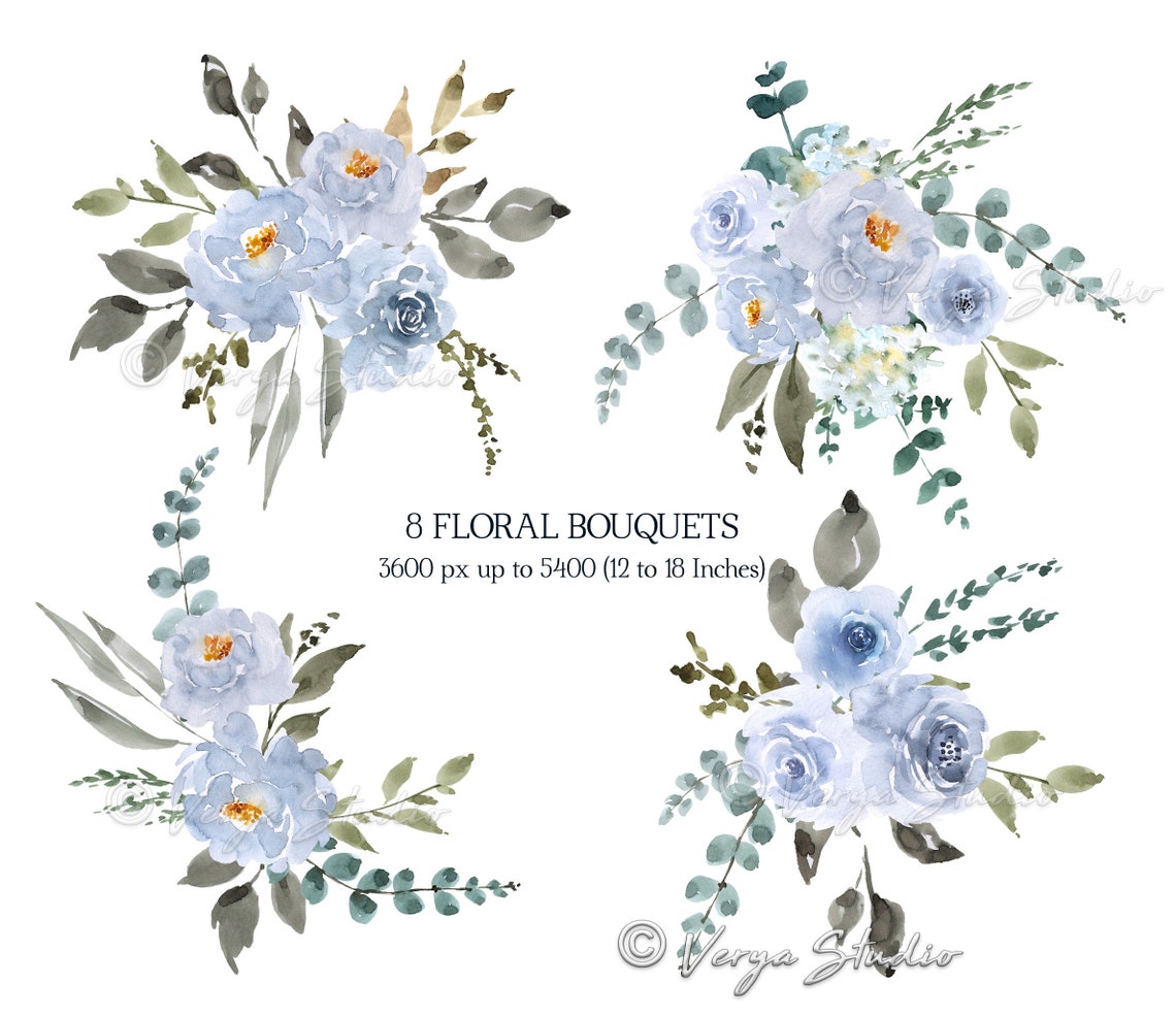 Baby Blue Watercolor Flowers Bouquets Clipart Soft Pastel - Etsy