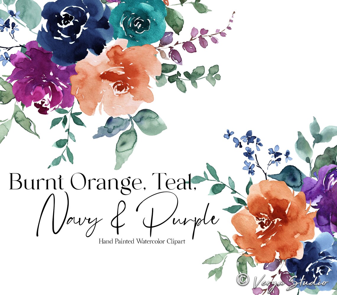 Watercolor Flowers Clipart Floral Clip Art Navy Blue Burnt - Etsy